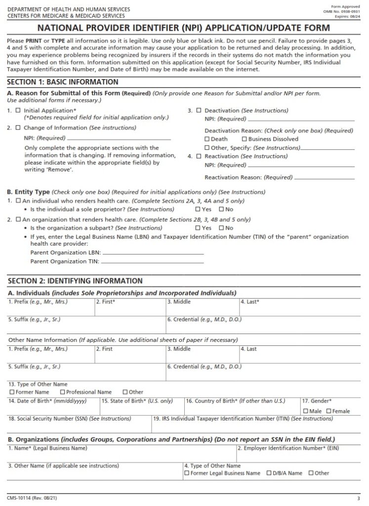 CMS 10114 – NATIONAL PROVIDER IDENTIFIER (NPI) APPLICATION/UPDATE FORM ...