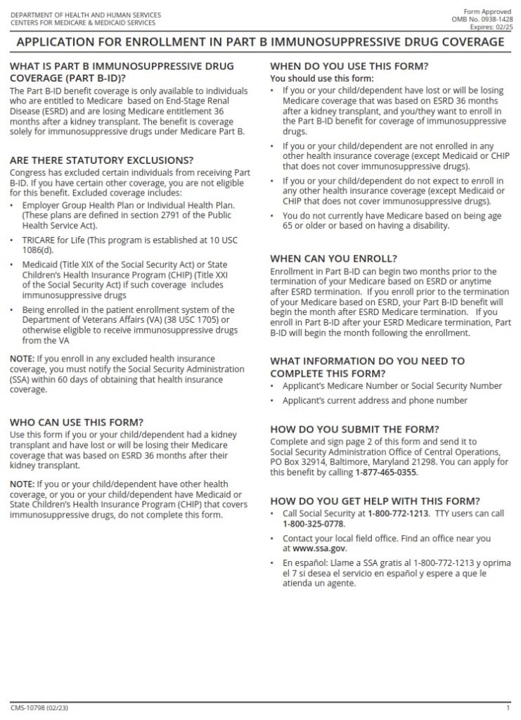 CMS 10798 – Application for Enrollment in Part B Immunosuppressive Drug ...