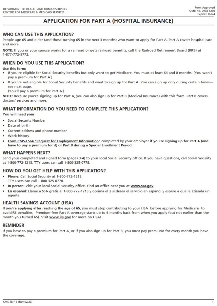 CMS 18-F-5 – APPLICATION FOR PART A (HOSPITAL INSURANCE) | CMS Forms