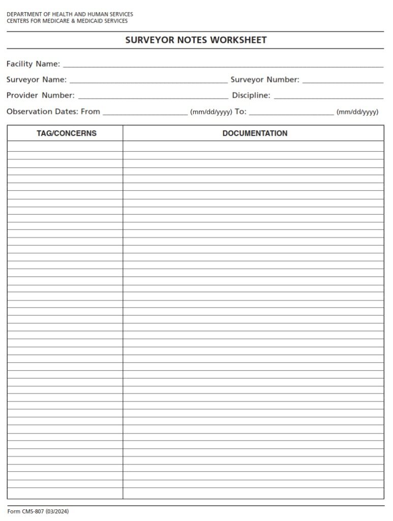 CMS 807 – Surveyor Notes Worksheet | CMS Forms