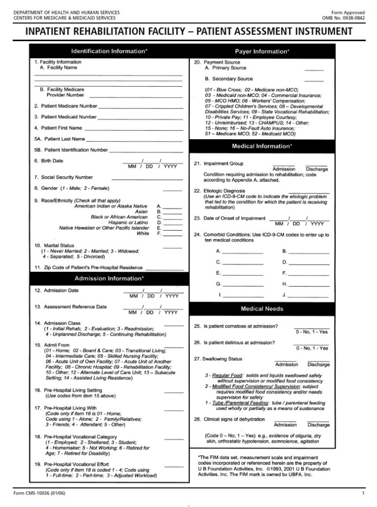 CMS 10036 – Inpatient Rehabilitation Facility-Patient Assessment ...