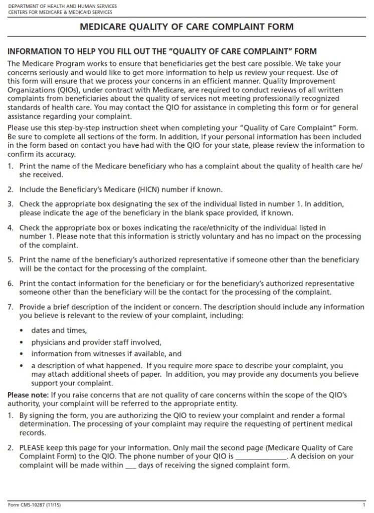 CMS 10287 – Medicare Quality of Care Complaint Form (English) | CMS Forms