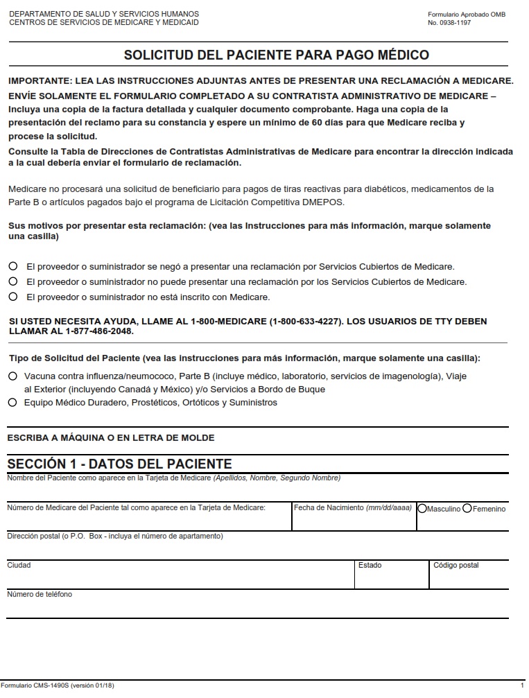 CMS 1490S – PATIENT’S REQUEST FOR MEDICAL PAYMENT (Spanish) | CMS Forms
