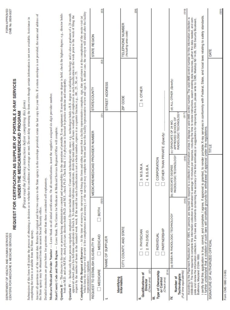 CMS 1880 – REQUEST FOR CERTIFICATION AS SUPPLIER OF PORTABLE XRAY ...