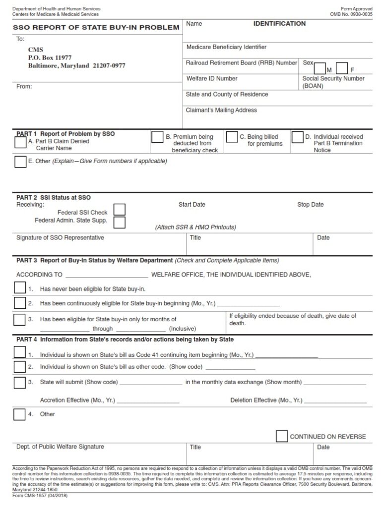 CMS 1957 – SSO REPORT OF STATE BUY IN PROBLEM | CMS Forms