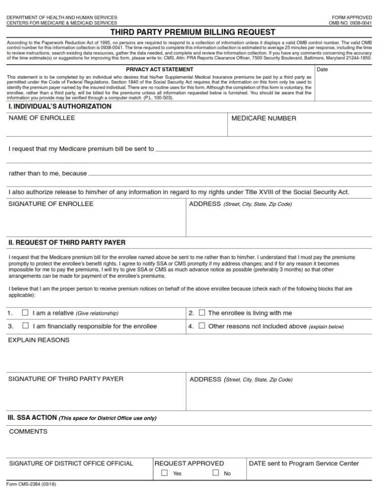 CMS 2384 – THIRD PARTY PREMIUM BILLING REQUEST, MEDICARE | CMS Forms