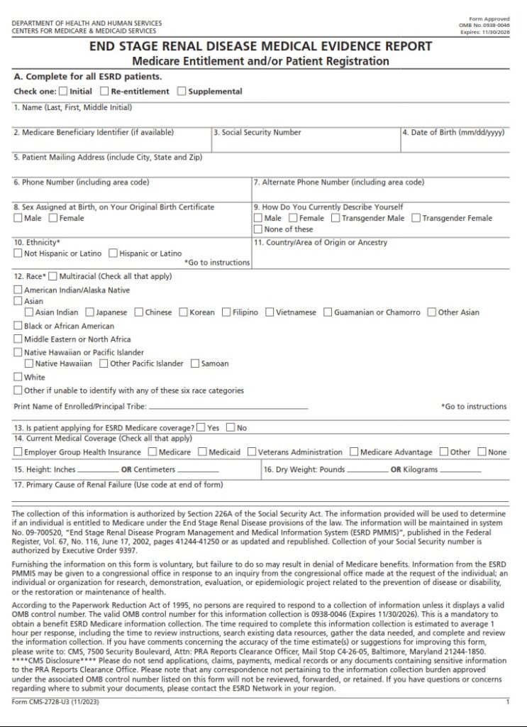 CMS 2728 – ESRD Medical Evidence Report Medicare Entitlement and/or ...