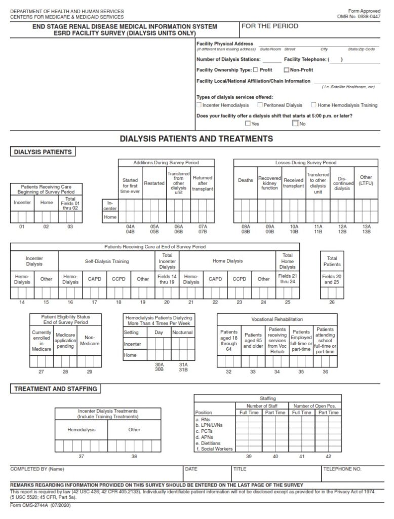 CMS 2744A – ESRD FACILITY SURVEY (DIALYSIS UNIT ONLY) | CMS Forms