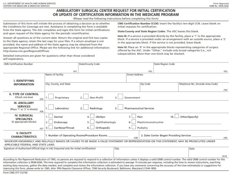 CMS 377 – AMBULATORY SURGICAL CENTER REQUEST FOR CERTIFICATION IN ...