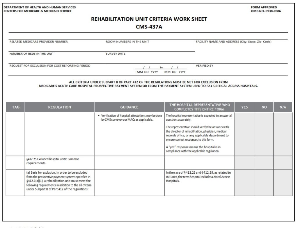 CMS 437A – REHAB UNIT CRITERIA WORKSHEET | CMS Forms