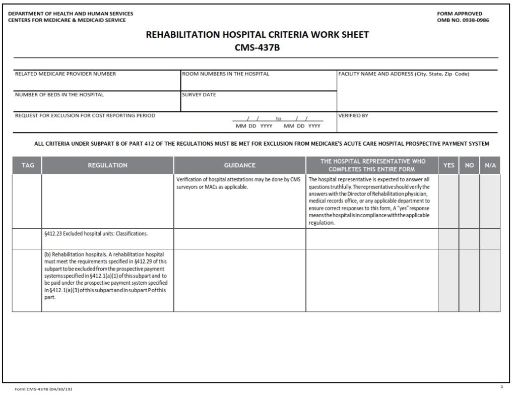 CMS 437B – REHAB HOSPITAL CRITERIA WORKSHEET | CMS Forms