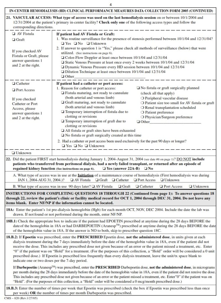 CMS 820 – IN-CENTER HEMODIALYSIS (HD) CLINICAL PERFORMANCE MEASURES ...