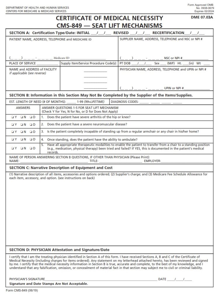 CMS 849 – Certificate of Medical Necessity – Seat Lift Mechanisms – DME ...